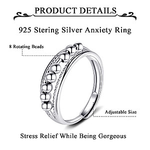 TIKCAUZ 925 Sterling Silver Fidget Ring for Anxiety for Women Stacking Spinning Ring Adjustble Fidgit Spinner Rings for Anxiety for Women Men