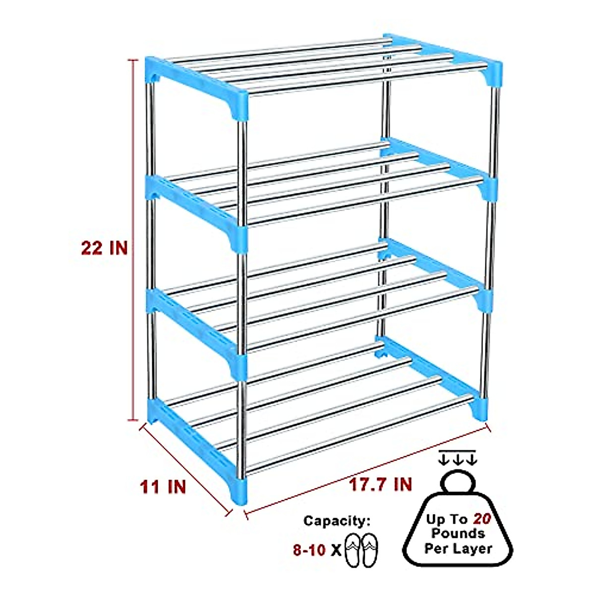 LNYZQUS Upgrade 4 Tier Small Shoe Rack, Kids Show Rack Closet Shoe Organizer,Compact Stackable Shoe Shelf Shoe Stand Floor Shoe Rack for Narrow Space,Zapateras Organizer for Shoes (Blue)