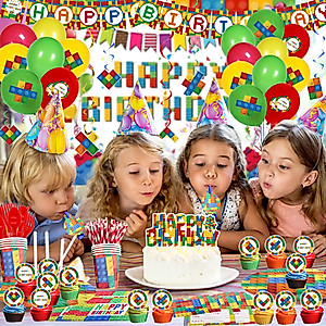 179Pcs Building Block Birthday Party Supplies for 10 Guests, Party Decorations Includes Backdrop, Banner, Latex Balloons, Tableware, Cupcake Toppers, Hanging Swirls, Tablecloth, Invitation Cards,