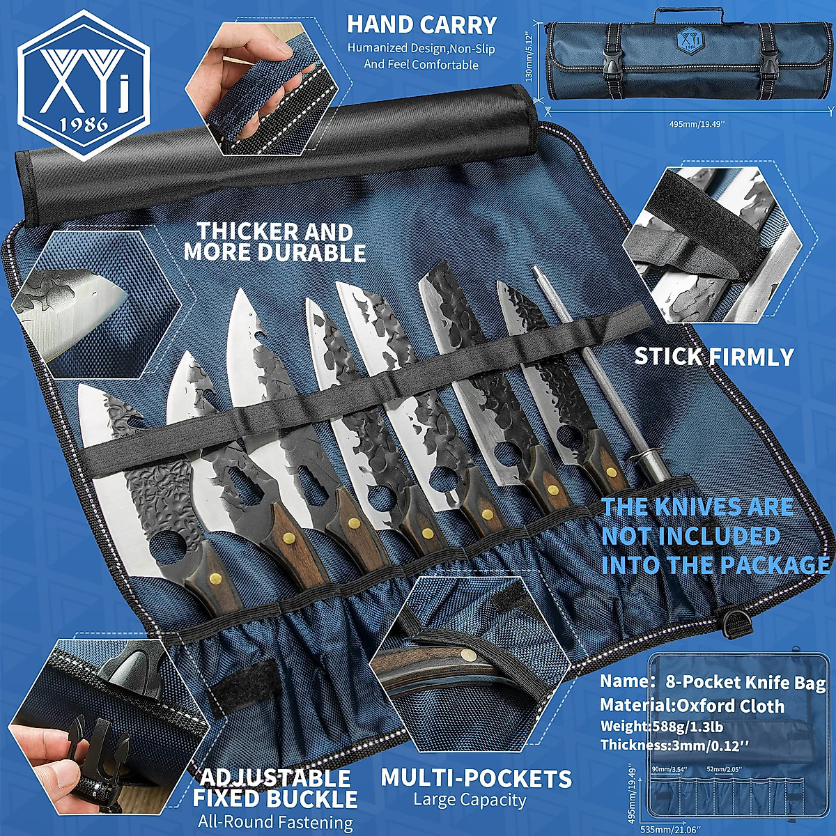 Authentic XYJ Since 1986,Chef Knife Bag With Shoulder Strap,8 Slots Roll Bag,Travel Camping Storage Carry Case,Oxford Cloth Portable Pockets Bag Holds Kitchen Knives Tools Set (XYJ Blue)
