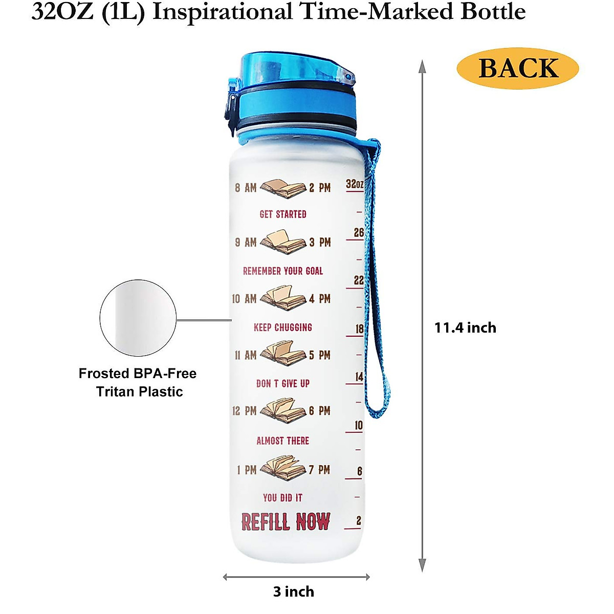 64HYDRO 32oz 1Liter Motivational Water Bottle with Time Marker & Removable Strainer Flip Top Leakproof Durable BPA Free Non-Toxic for Home Work Gym Fitness Sports - Reader Girl Loves Books