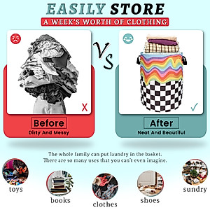 Rainbow Grey White Plaid Laundry Hamper Colorful Hippie Funny Laundry Basket With Handles Foldable Oxford Cloth Tote Bag Clothe Toy Storage Bucket 18.9x16.5For Bathroom/Laundry/Bedroom