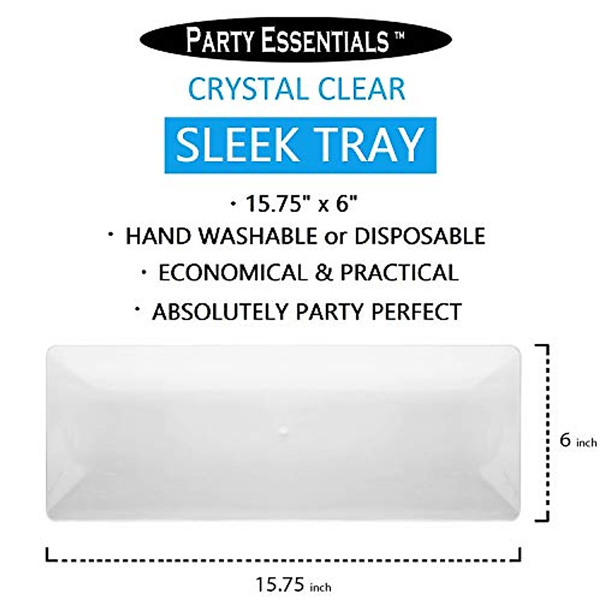 Party Essentials N156621 Plastic 15.75" x 6" Sleek Appetizer/Serving Trays, Clear, Pack of 6