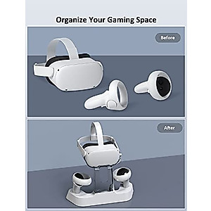 NexiGo Enhanced Charging Dock with LED Light for Oculus Quest 2, [Support Elite Strap with Battery], Headset Display Stand and Controller Mount, 2 Rechargeable Batteries, White
