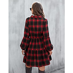 Blooming Jelly Womens Plaid Dresses Fall Long Sleeve Dress Trendy Ladies Dress Mini Babydoll Dresses with Tie Waist (Large,Red)