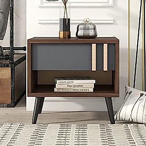 Nightstand Set of 2 with Drawer and Storage Shelf, Mid Century Modern Night Stand Walnut, 1-Drawer Small Wooden Bedside Tables with Solid Wood Legs, Wood End Side Tables for Bedroom, Living Room