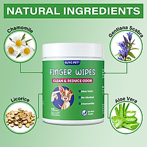 GJYC PET Ear Finger Wipes for Dogs & Cats - Natural Ingredients Gently Remove Ear Wax, Debris - Soothes & Deodorizes - Relieve Ear Itching & Inflammation with Aloe, 55 Count