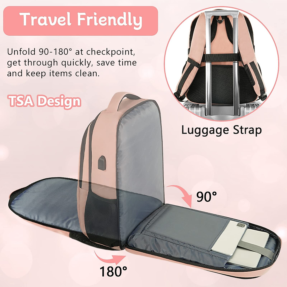 Large Travel Backpack for Women 52L, 17 Inch Laptop Backpacks with USB Charging Port, Stylish School Backpack for Girls, Computer Back Pack for Work Business College Student Teacher Nurse, Pink