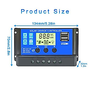 Yyoulli 30A Solar Charge Controller, [2022 Upgraded] 12V/ 24V Solar Panel Regulator with Adjustable LCD Display Dual USB Port Timer Setting PWM Auto Parameter