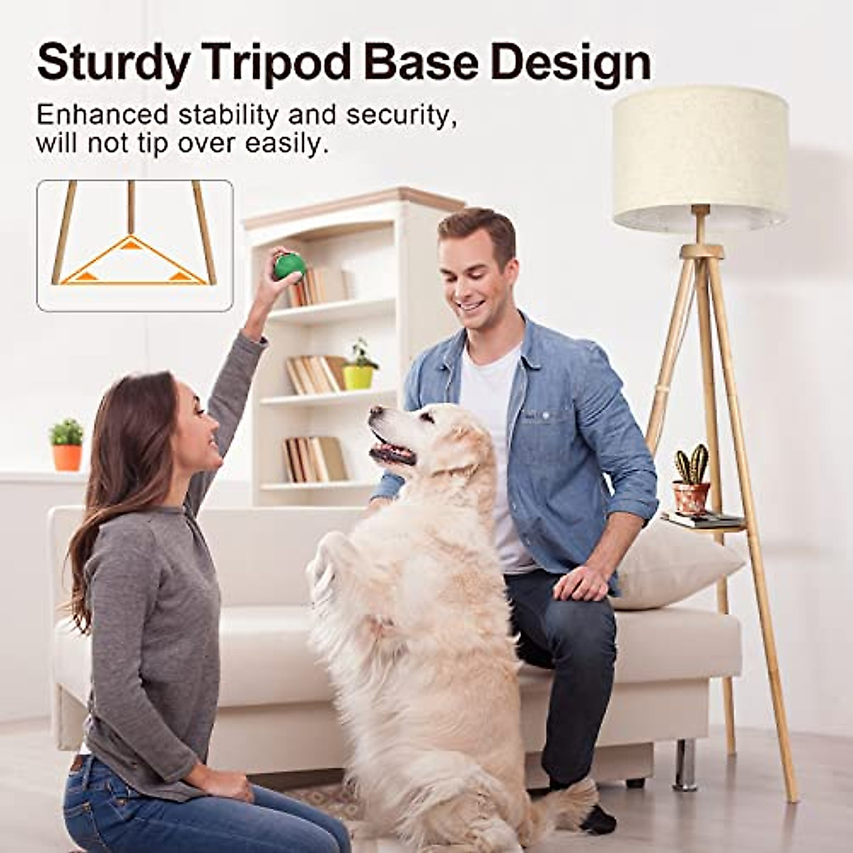 OUTON Wood Tripod Floor Lamp with Shelves, Mid Century Floor Lamp with Remote Control,4 Color Temperature, LED Modern Dimmable Standing Lamp with Beige Linen Shade for Living Room, Bedroom, Office