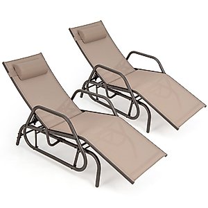 Tangkula Outdoor Glider Recliner Chair, Adjustable Backrest Patio Gliding Lounger Chair with Armrests and Pillow, Outdoor Swinging Rocking Chair w/Breathable Fabric for Poolside, Backyard (2, Brown)