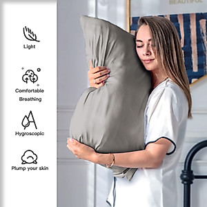 Natural Mulberry Silk Pillowcase with Hidden Zipper for Hair and Skin Standard Size 20"X 26" Soft Breathable Smooth Cooling Pillow Covers for Sleeping(Gray,1Pcs)