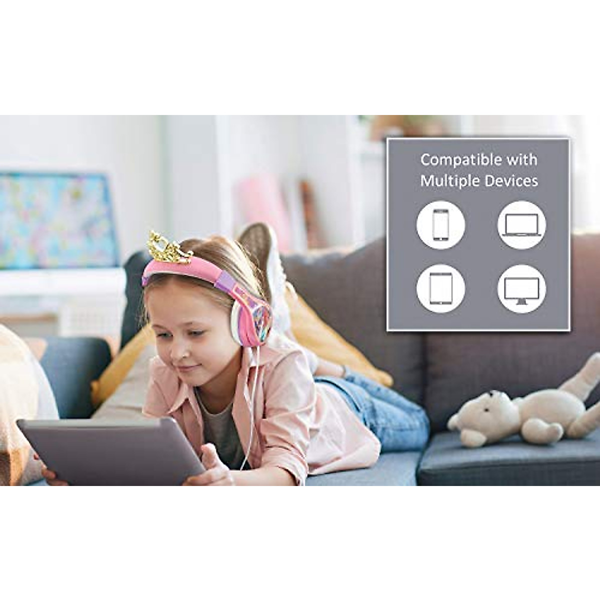 Disney Princess Kids Headphones, Adjustable Headband, Stereo Sound, 3.5Mm Jack, Wired Headphones for Kids, Tangle-Free, Volume Control, Foldable, Childrens Headphones Over Ear for School Home, Travel