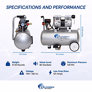 California Air Tools 8010AAD 1.0 HP Ultra Quiet and Oil-Free Air Compressor, 8 Gallon Aluminum Tank, Lightweight with Wheels, 60 dBA Noise Level, with Automatic Drain Valve
