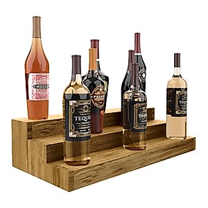 Liquor Bottle Stand - 3 Tier Liquor Bar Bottle Display Shelf, Holds 18 Bottles, Real Wood, Easy to Clean, No Installation Required - 24 Inch (Burnt Natural)