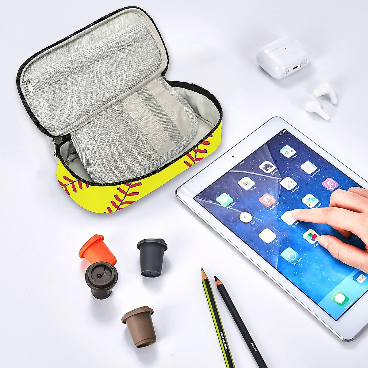 YAGEDOVIU Softball Pen Holder Case Brush Pot Stationery Multifunction Pen Container Large Capacity Storage Pouch with Zipper Birthday Gifts Pen Box for Women Men