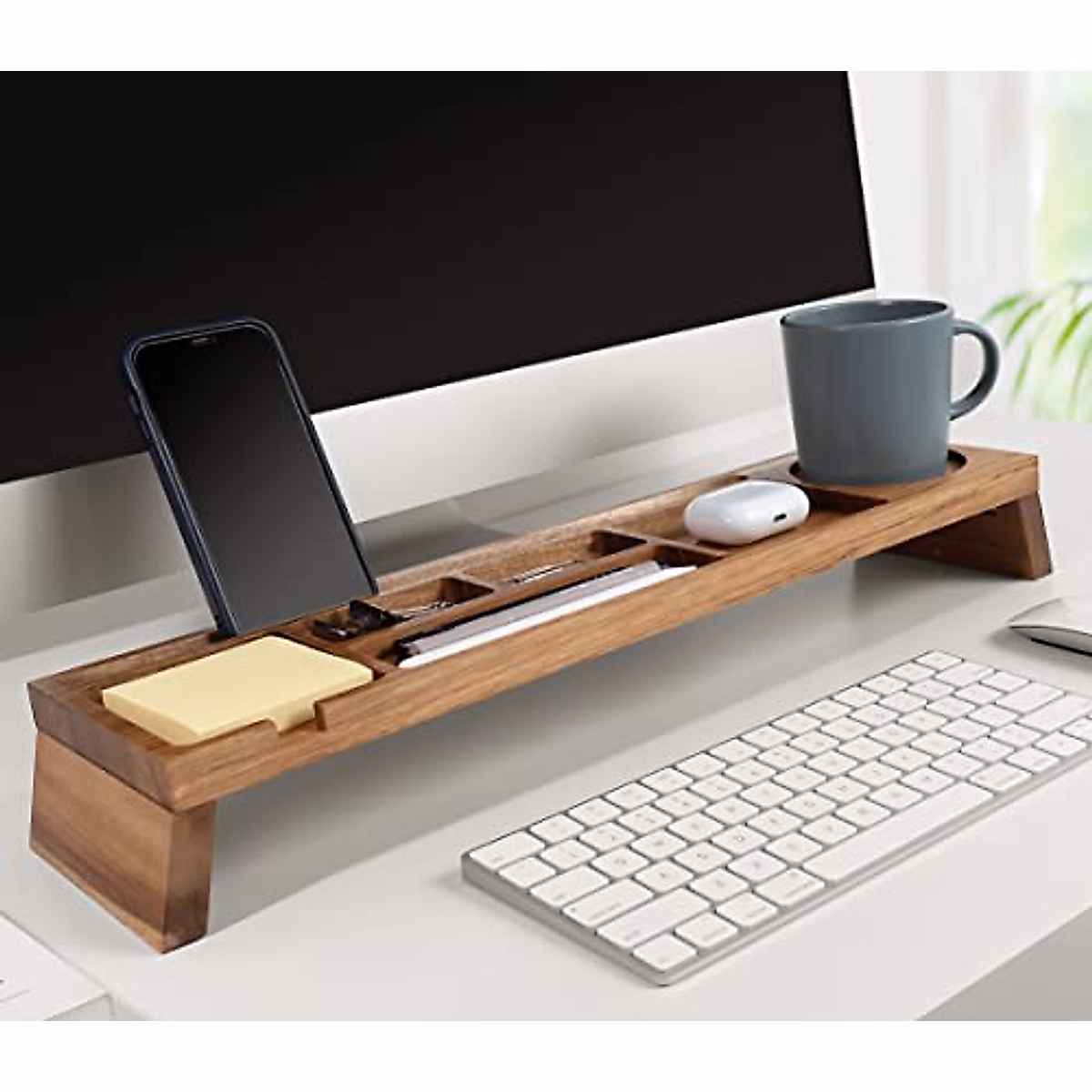 NAUMOO Natural Wood Desk Organizer - Multi-Compartment Wooden Organizers for Home, Office, Cubicle Accessories - Table Caddy for Desktop and Workspace - Pencil Storage Tray