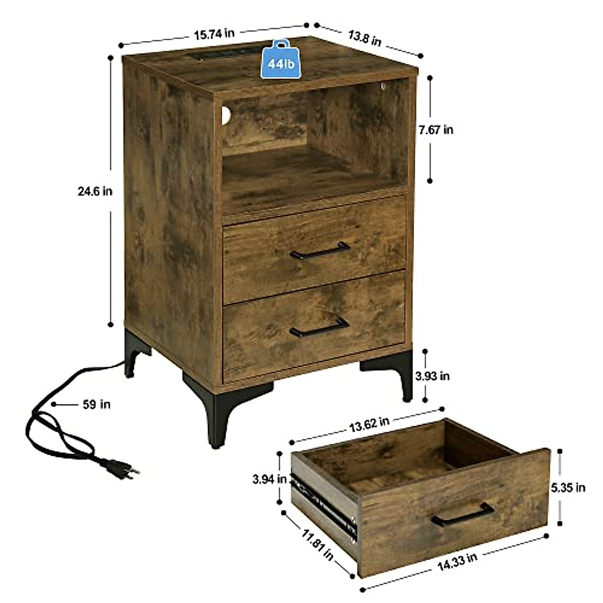 LYNCOHOME Nightstand with Wireless Charging Station and LED Lights, Modern End Table with 2 Drawers and Open Storage for Bedroom, Brown