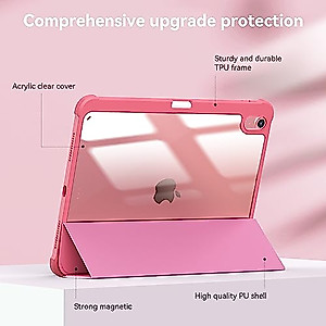 OKP for iPad Air 5th/4th Generation Case 2022/2020, iPad Air Case 5/4 Gen 10.9 inch with Pencil Holder, Auto Sleep/Wake, Slim Lightweight Trifold Folio Smart Cover for Girls Women, Clear Back Pink