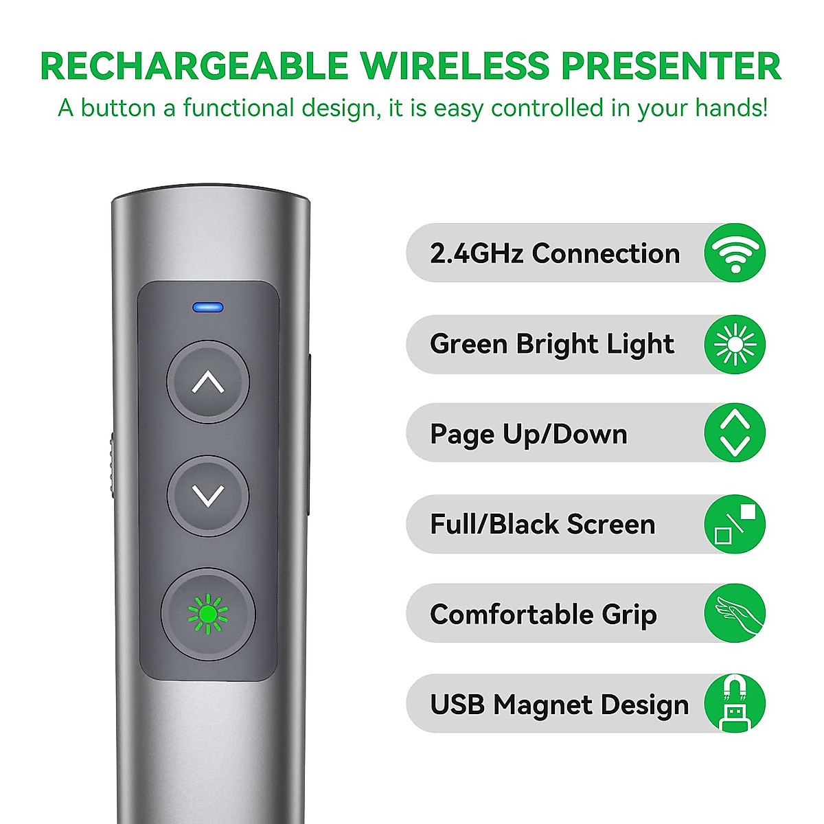 PowerPoint Clickers Wireless Presenter Remote, Presentation Clicker with Red Light, RF 2.4GHz USB Clicker for PowerPoint Presentations Slide Advancer with Volume Control for Mac/Laptop/Computer