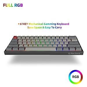 Ractous RTK61BP 60% Wireless Mechanical Gaming Keyboard,RGB Blacklit PBT Sublimation Keycaps 61keys Bluetooth5.1/Wried Gaming Keyboard for PC/Mac Gamers,Hot-Swap Gateron Optical Bule Switch-Black