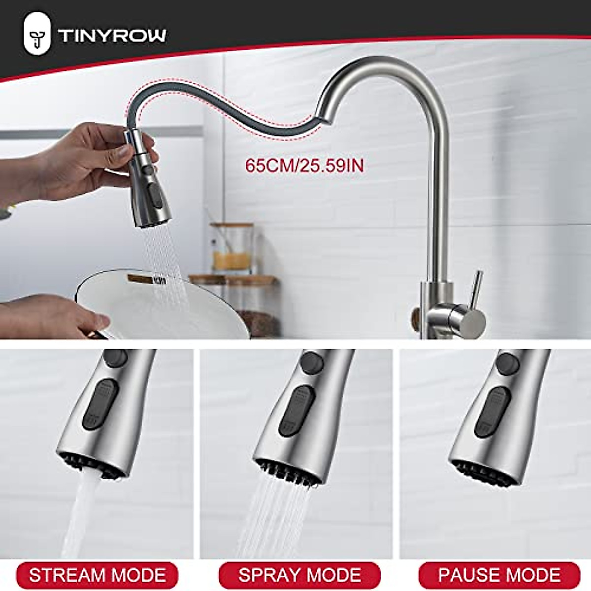 TINYROW Kitchen Faucet with Pull Down Sprayer Kitchen Sink Faucet Brushed Nickel, Single Handle Stainless Steel Kitchen Sink Faucets