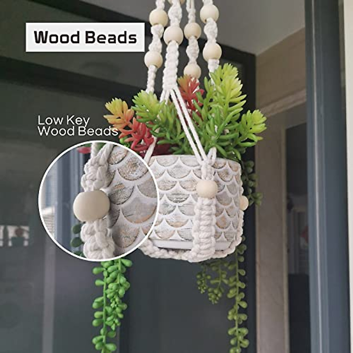 Mivofo Macrame Plant Hanger 35", No Tassel Hanging Plant Holder, Sturdy Flower Pot Holder with 2 Hooks - Ivory
