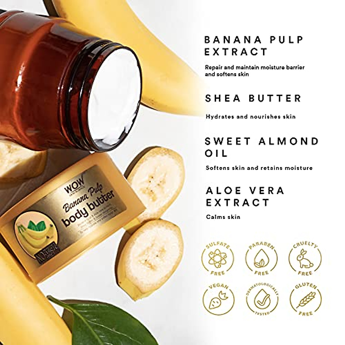 WOW Skin Science Shea Body Butter Almond, Pure Shea Butter for Skin, Body Butters Dry Skin Lotion, Stretch Mark Cream, Hand Lotion for Women, Shea Butter Body Butter Moisturizer Oil (200ml) (Banana)