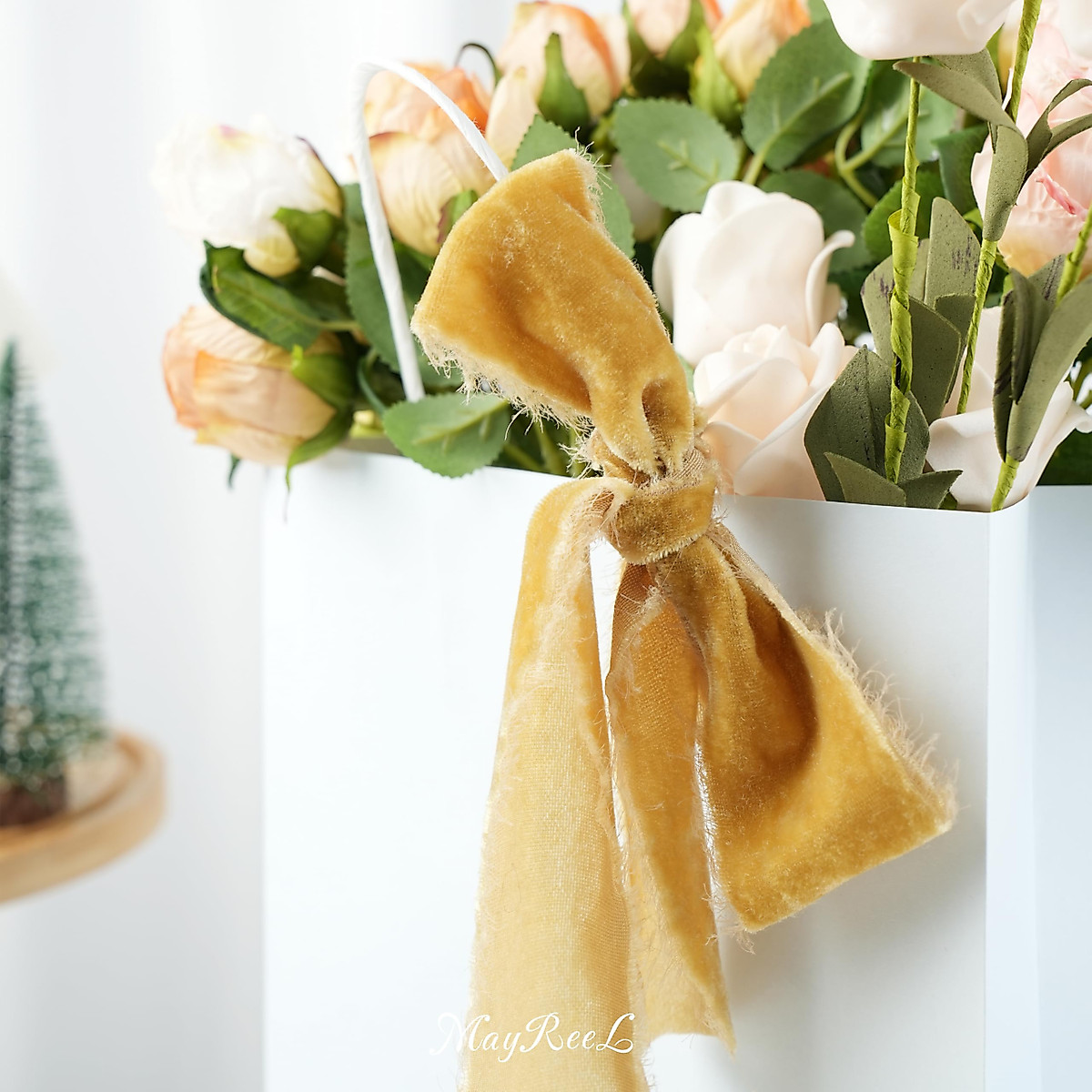 MAYREEL 2 Inch Gold Velvet Ribbon Hand Torn Golden Silk Frayed Edge for Bridal Bouquets Invitations Wedding Vow Books Gift Baskets Hair Bows 3 Yards