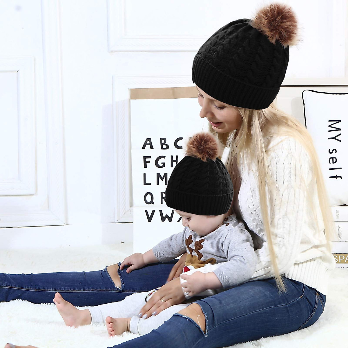 2PCS Parent-Child Hat Warmer, Mother & Baby Daughter/Son Winter Warm Knit Hat Family Crochet Beanie Ski Cap Black