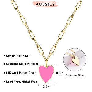 Pink Heart Necklaces For Women Trendy Hot Pink Necklace Preppy Jewelry Necklaces Heart Pendent Necklace Pink Jewelry Outfit For Women Paperclip Chain Necklace Pink Dress Accessories Red Heart Necklace