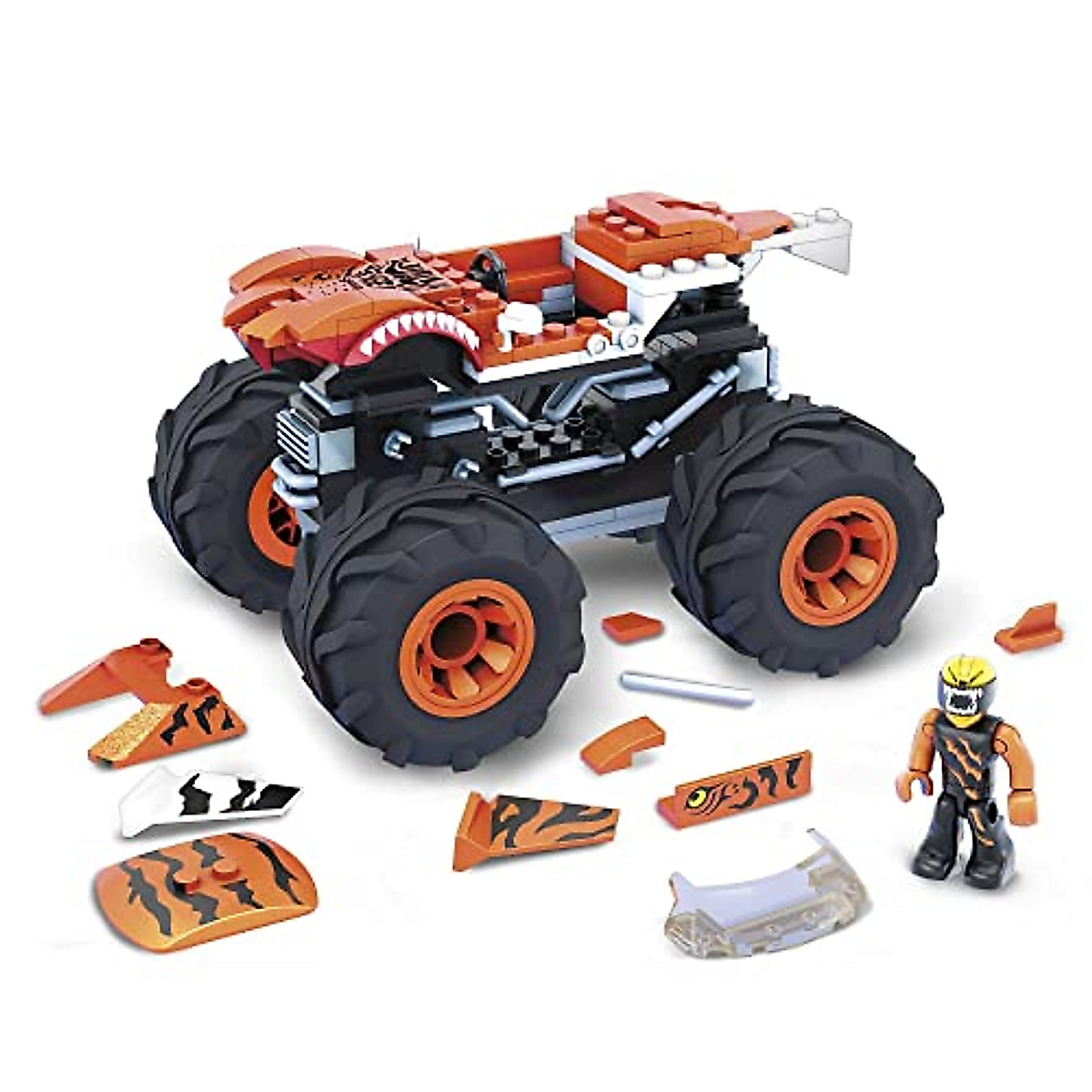 MEGA Hot Wheels Monster Trucks Building Toy Playset, Tiger Shark with 187 Pieces, 1 Micro Action Figure Driver, Orange and Black, Kids Age 5+ Years