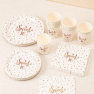Crisky Rose Gold Sweet 16 Birthday Napkins Plates Cups Set for Girl 16th Birthday Party Decorations Supplies, Disposable Tableware Set of 24 (9" Plates, 7" Plates, Luncheon Napkins, 9oz Cups)