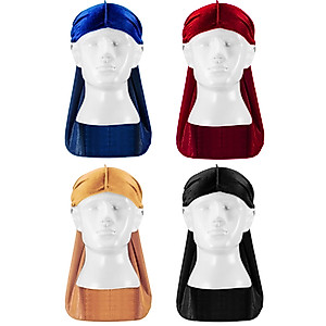 4 Pieces Men's Velvet Durag with Long Tail Soft Durag Headwraps for 360 Waves (Royal blue, Red, Gold, Black)