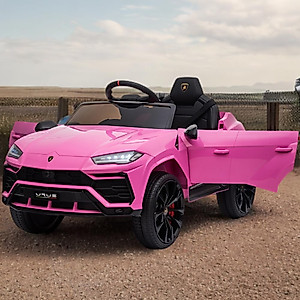 Ride On Toys for Girls – Americas Toys Ride On Cars with Remote Control – 12V Electric Kids Car w/ 4 Wheels Suspension, Open Doors, Lights, Leather Seat, Music, Horn, Compatible with Lamborghini Pink
