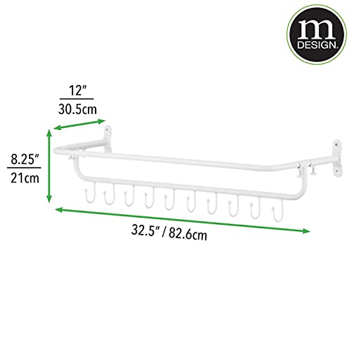 mDesign Metal Wall Mount Equipment Storage Rack and Organizer for Garage Organization; 10 Heavy Duty Accessory Hooks, Overhead Storage Space; Holds Sports Equipment; Garden and Lawn Tools - White