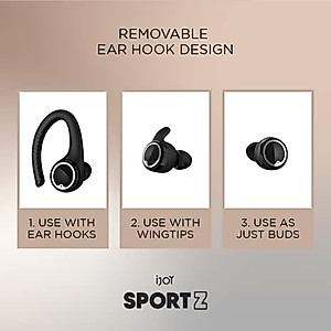 iJoy Wireless Running Headphones with Charging Case + Removable Earhook- Wireless Bluetooth Earbuds for Workouts- Bluetooth Wireless Earbuds with Charging Case- Sports Bluetooth Headphones (Black)