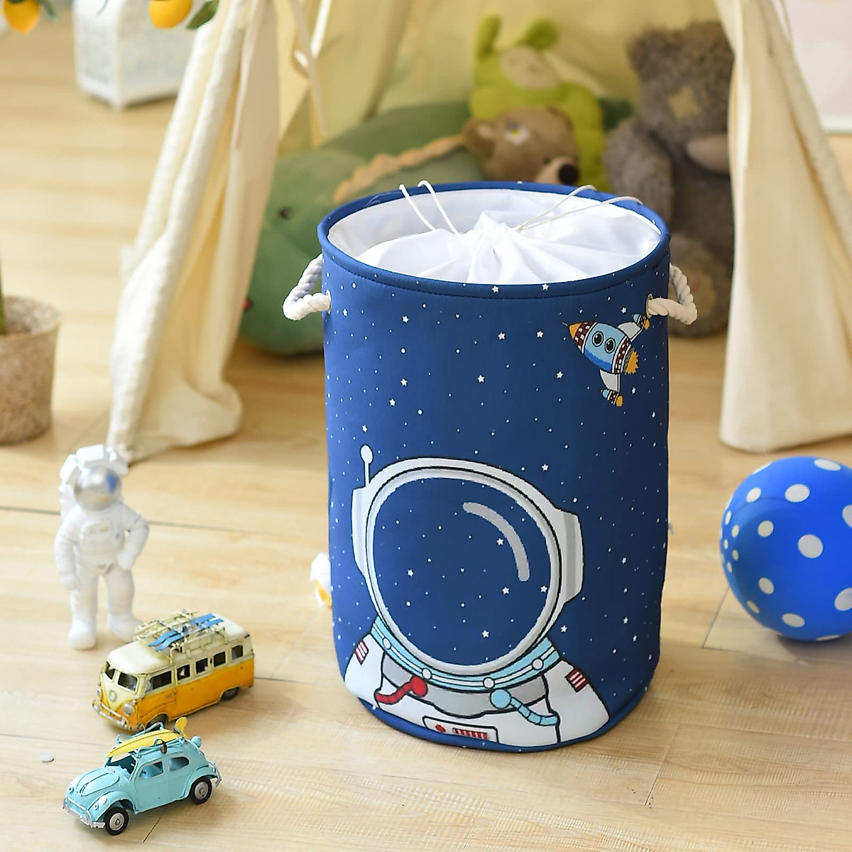 INough Kids Laundry Hamper for Boys, Toy Box Baby Hamper Laundry Baskets, Boys Room Decor Large Collapsible Waterproof Round Linen Laundry Hamper with Handles for Playroom, Bedroom (Astronaut)