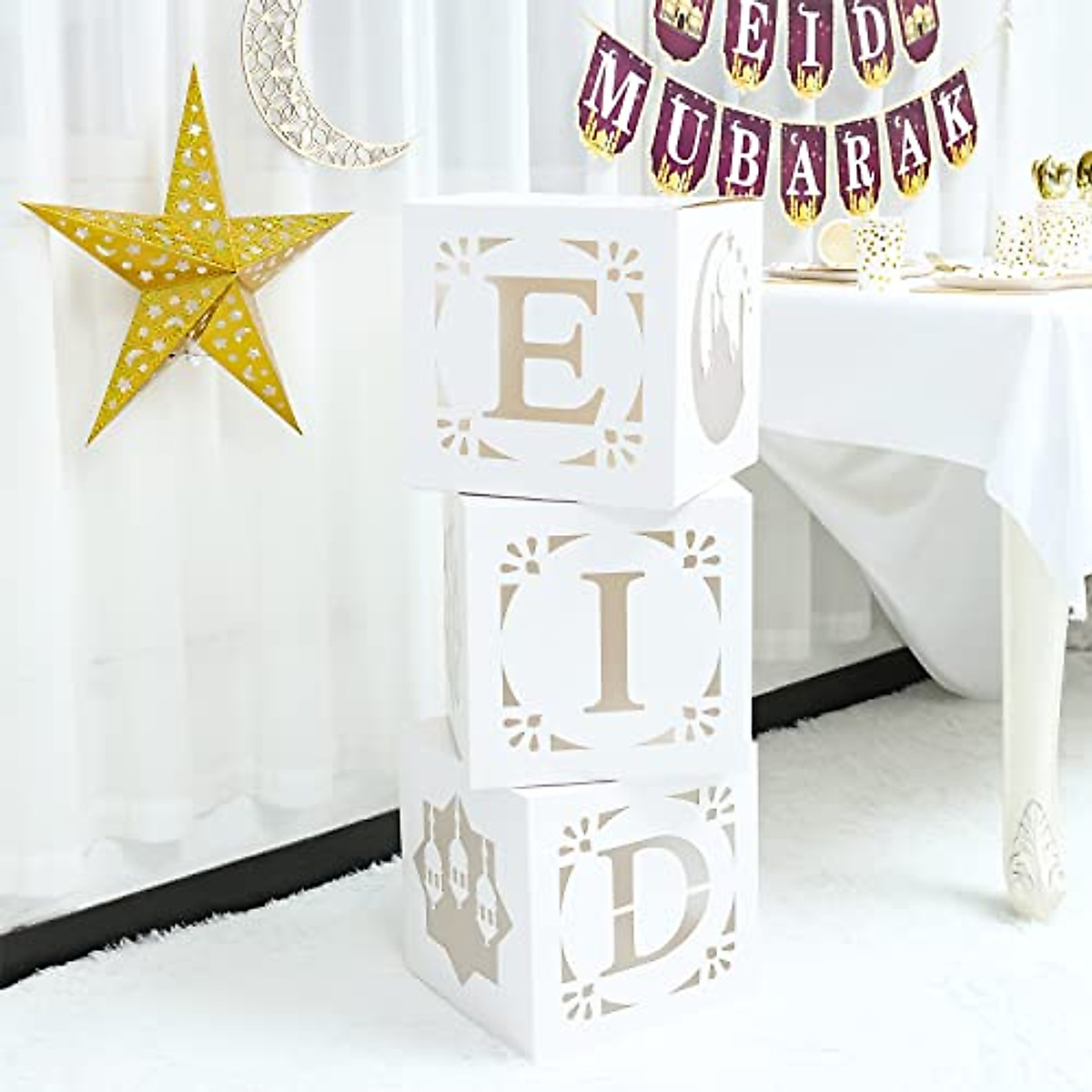 Decoration Boxes with Light - 3pcs White Hollow-out with Warm Light String,EID Cultural Paper Elements Box for Eid al-Fitr Decor Eid al-Adha Festival Ramadan Mubarak Muslim Islamic Supplies