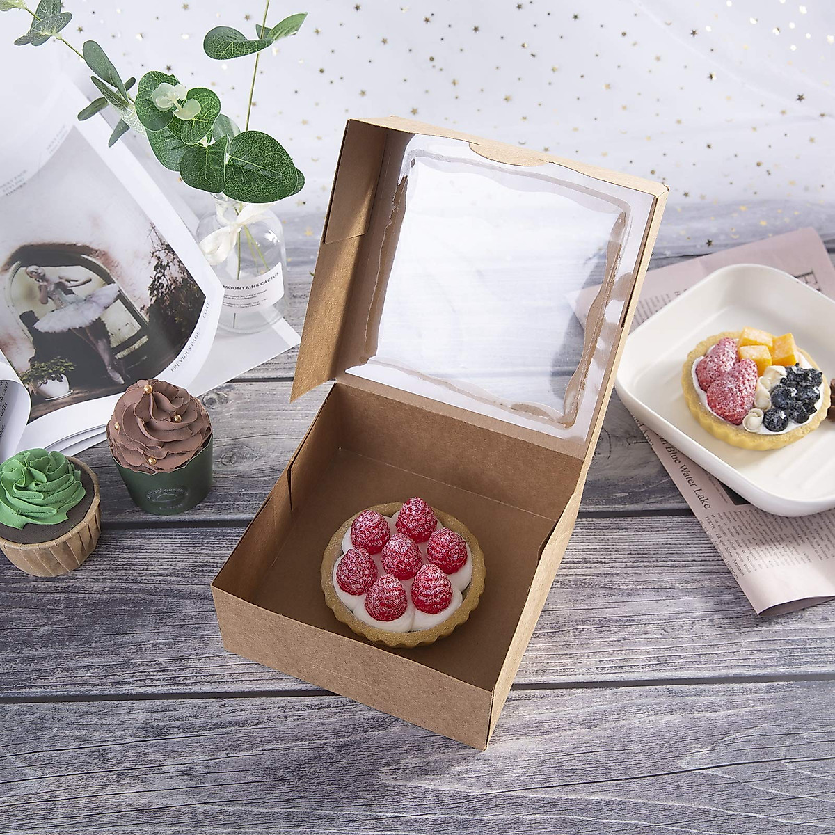 ONE MORE [15pcs] 7"x7"x2.5"Brown Bakery Boxes with PVC Window for Pie and Cookies Boxes Small Natural Kraft Paper Box 7x7x2.5inch,Pack of 15 (Brown, 15)