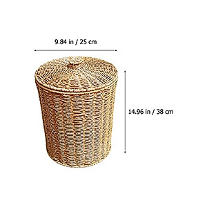 Zerodeko Small Trash Can, Imitation Rattan Woven Waste Bin with Lid, Waste Basket for Bedroom, Office, Kitchen, Boho Round Garbage Can Plastic Sundries Holder Laundry Basket for Bathroom