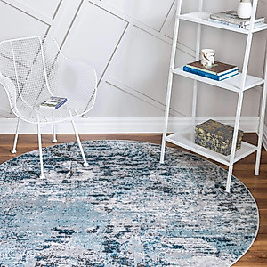 Rugs.com Leipzig Collection Round Rug – 7 Ft Round Blue Low-Pile Rug Perfect for Kitchens, Dining Rooms