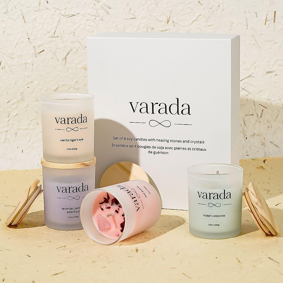 Aromatherapy Soy Candle Gift Set. Healing Crystals and Dried Flowers -80 Hours of Clean Burn. Lavender Jasmine and Rose. Stress Relief. Meditation. Manifestation. Birthday Gift. Appreciation Gift.