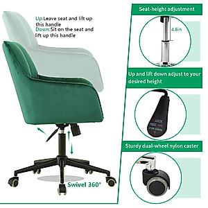 Home Office Desk Chairs Swivel,Comfort Velvet Task Chairs with Arms and Wheels, Adjustable Height, Big Accent SwivelChairs for Living Room and Bedroom (Padded Green)