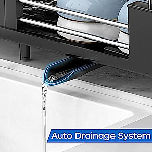 ROTTOGOON Expandable Dish Drying Rack, Stainless Steel Rustproof Dish Rack for Kitchen Counter, (12.8"-19.1") Dish Drainer with Drainage, Utensil Holder, Cup Holder for Various Kitchenware, Black