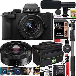 Panasonic DC-G100KK LUMIX G100 Mirrorless 4K Vlogging Camera with 12-32mm F3.5-5.6 Lens Bundle with Deco Gear Camera Bag + Photo Video Monopod + Microphone + 64GB Card + Software Kit & Accessories