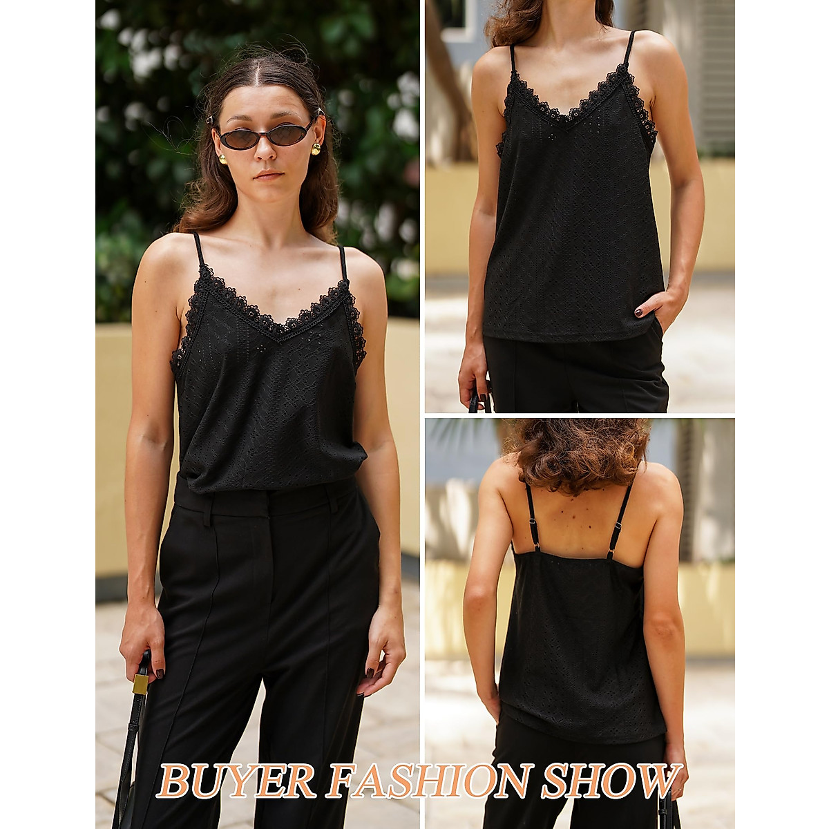 HOTOUCH Womens Tank Tops Spaghetti Strap V Neck Lace Camisole Sleeveless Summer Shirts Black