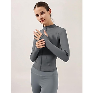 Locachy Women's Lightweight Stretchy Workout Full Zip Running Track Jacket with Thumb Holes Grey L