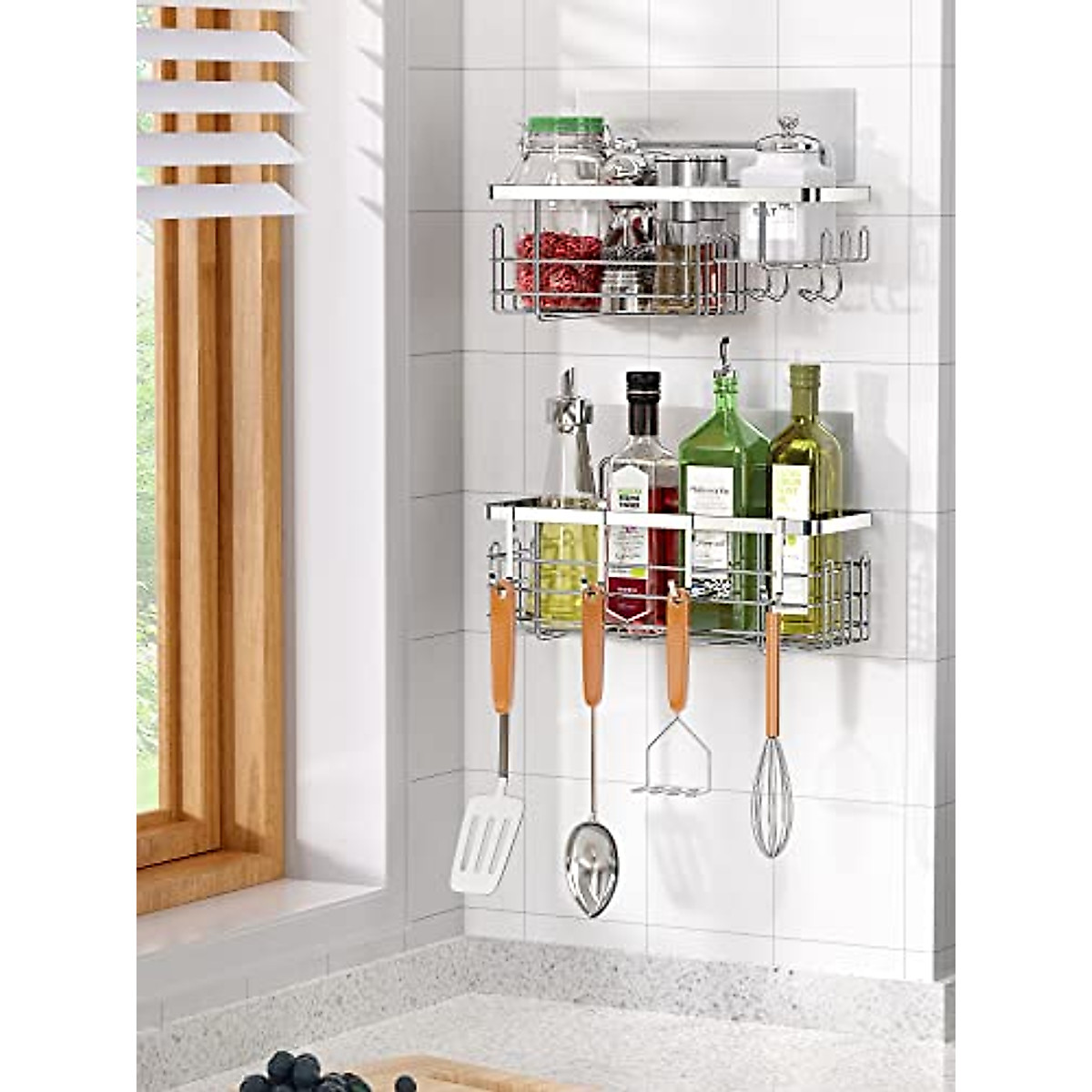 PARAKE Shower Caddy Organizer with Soap Holder, 2-Pack SUS304 Stainless Steel Shower Shelves, Self Adhesive Rustproof Shower Caddy with Hooks, for Bathroom Shampoo Soap Storage Kitchen Rack, Silver