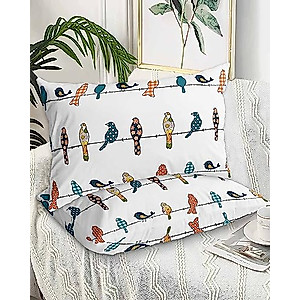 Edwiinsa Orange Teal Plaid Pillow Covers Standard Size Set of 2 20x26 Bed Pillow, Rustic Turquoise Spring Floral Birds Plush Soft Comfort for Hair/Skin Cooling Pillowcases with Envelop Closure